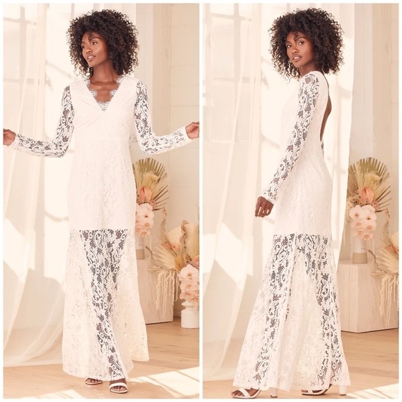 Lulus | Dresses | Lulus Way To Be Loved White Lace Long Sleeve Maxi ...
